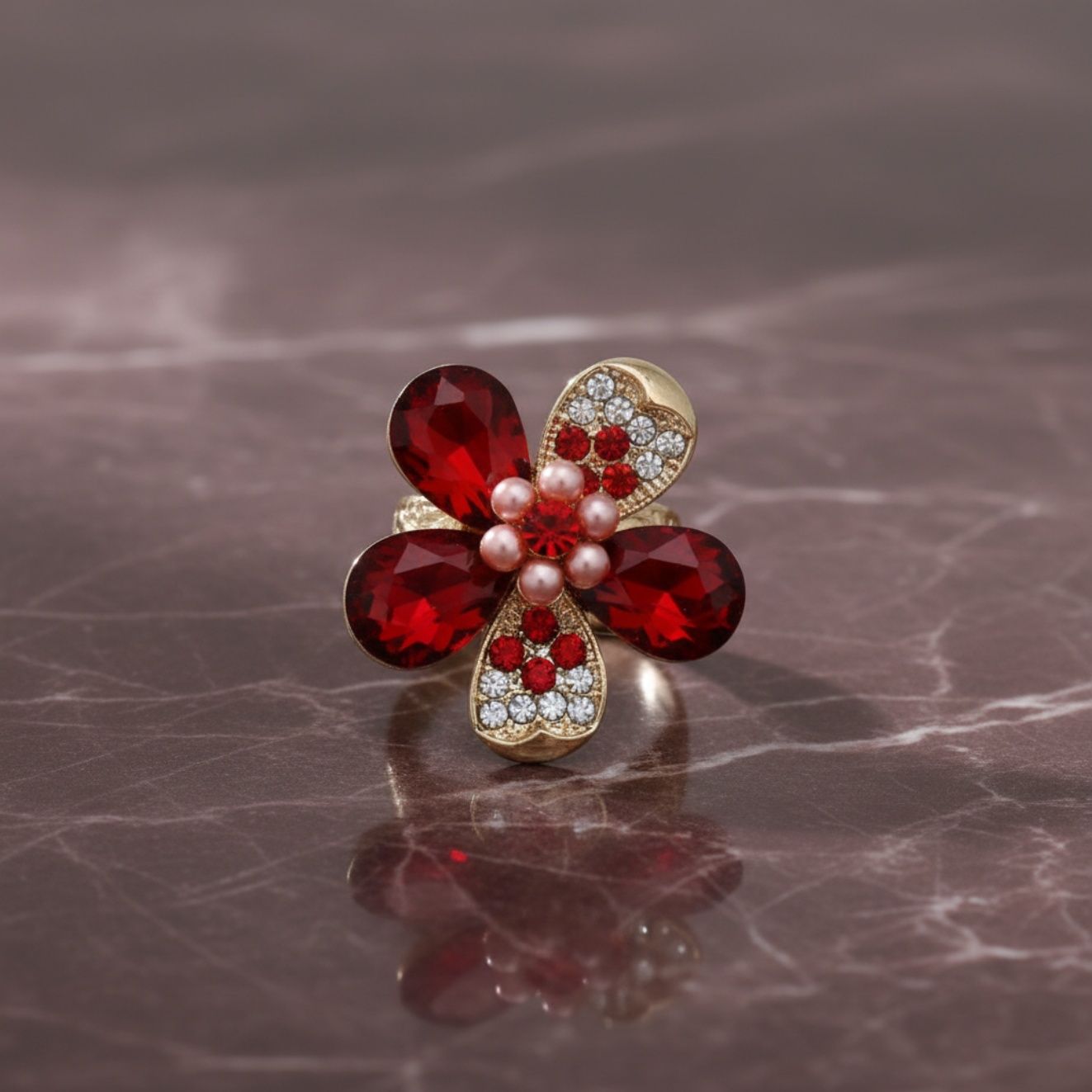 Cocktail Ring Red Teardrop Crystal Flower Design – MJs Bohemian Jewels